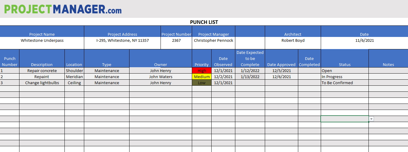 Punch List Template ProjectManager