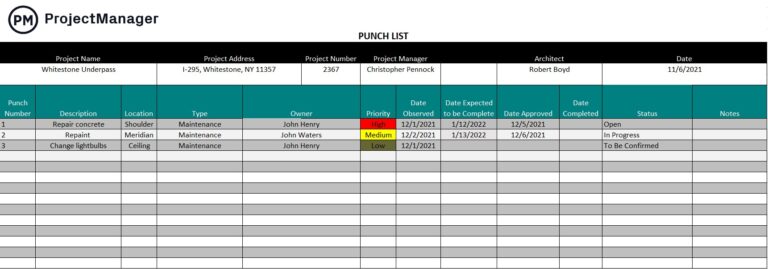 Punch List Template for Excel (Free Download) - ProjectManager