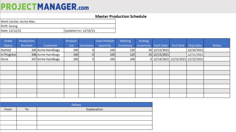 Production Schedule Template for Excel (Free Download)