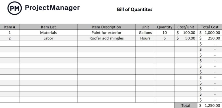 Bill of Quantities Template for Excel (Free Download)
