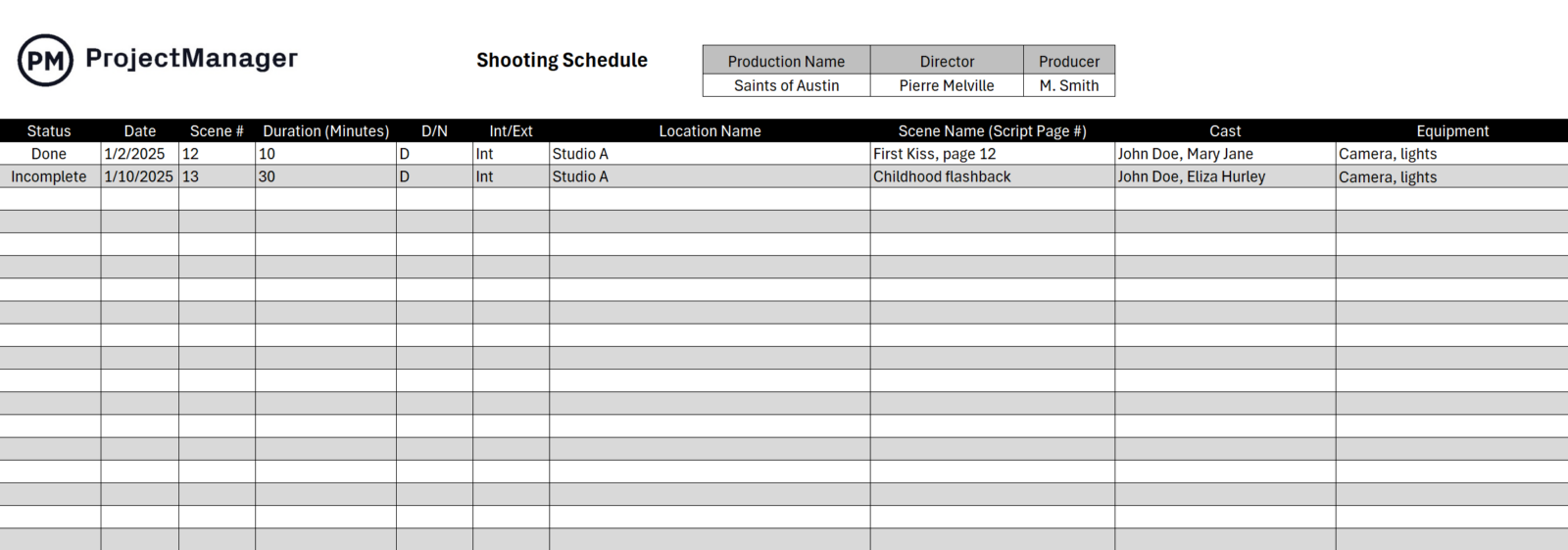Shooting Schedule Template for Excel (Free Download)