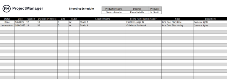 Shooting Schedule Template for Excel (Free Download)