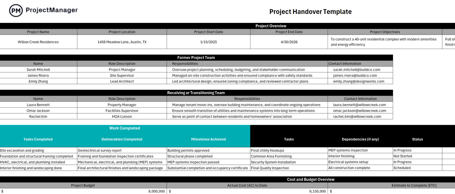 Project Handover Template for Excel (Free Download)