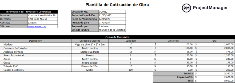 Plantilla de Cotización de Construcción para Excel (Descarga Gratis) - ProjectManager