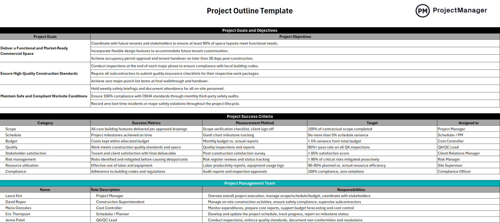 Project Outline Template For Excel Free Download