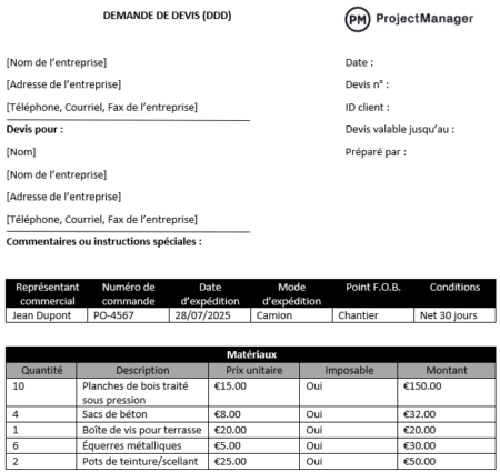 Modèle de demande de devis pour Word - ProjectManager