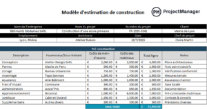 Modèle d’estimation de construction pour Excel - ProjectManager