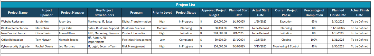 Project List Template for Excel - Free Download