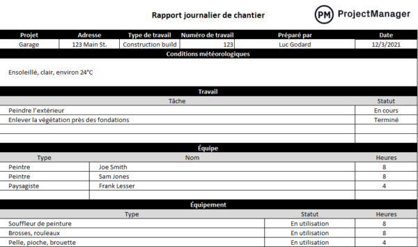 Modèle de rapport journalier de chantier pour Excel - ProjectManager