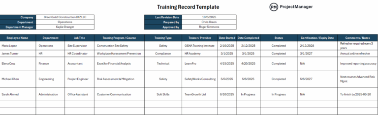Training Record Template for Excel (Free Download)