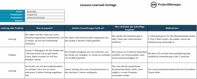 Lessons-Learned-Vorlage für Excel (kostenlos) - ProjectManager