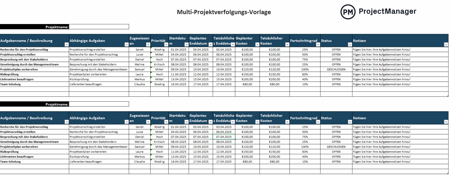 Multi-Projektverfolgungs-Vorlage für Excel (kostenlos) - ProjectManager