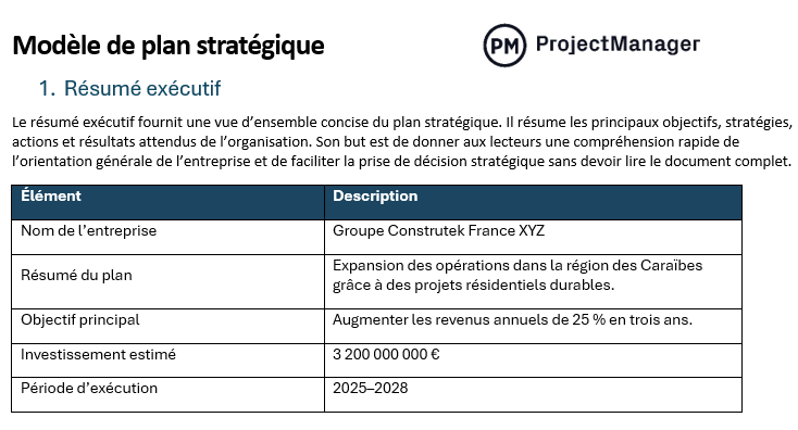 Modèle de plan stratégique pour Word (gratuit) - ProjectManager