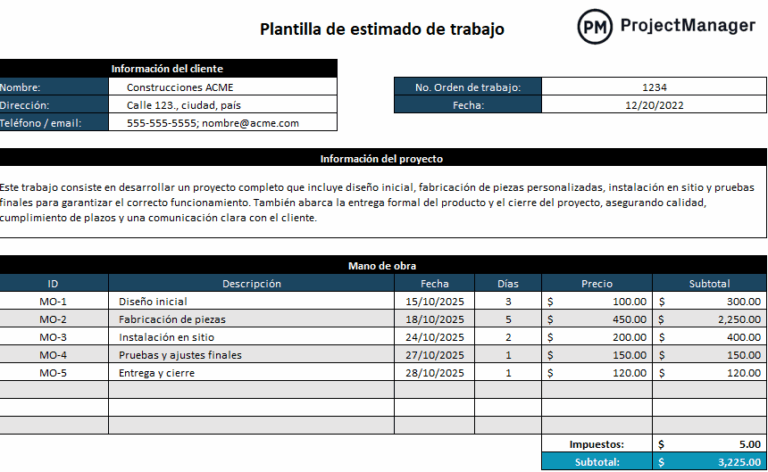 Plantilla de estimado de trabajo (descarga gratis) - ProjectManager