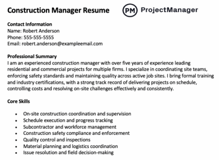 5 Construction Resume Examples (Free Download) - ProjectManager
