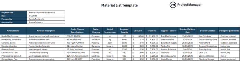 Material List Template for Excel (Free Download)