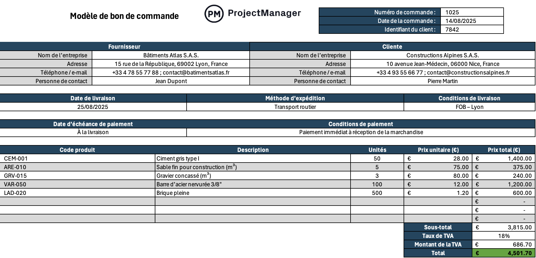 Modèle de bon de commande pour Excel (gratuit) - ProjectManager
