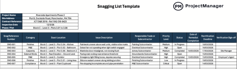 Snagging List Template for Excel (Free Download)