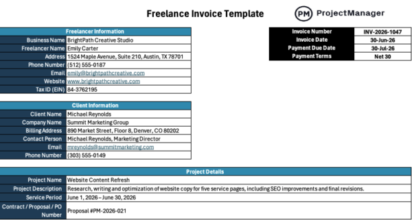 Freelance Invoice Template for Excel (Free Download)