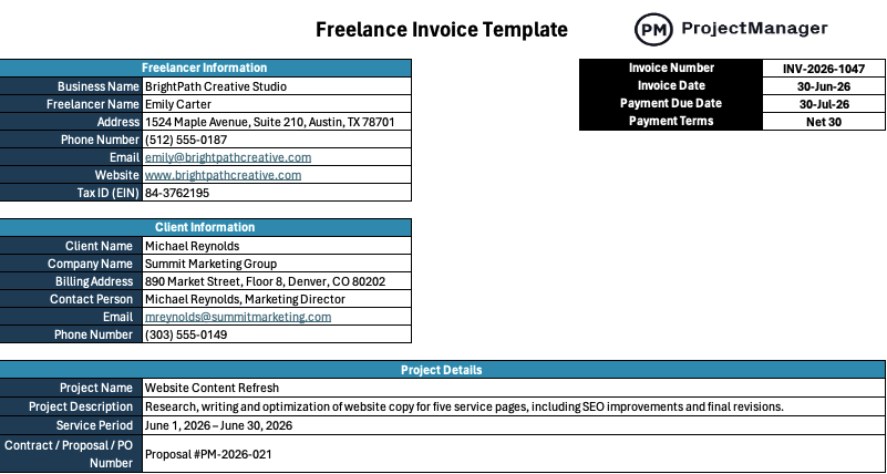 Freelance Invoice Template for Excel (Free Download)